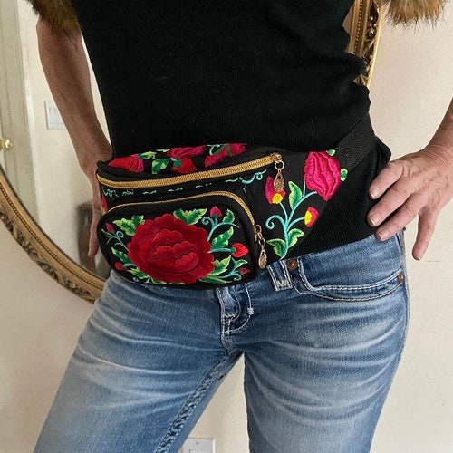 Embroidered Fanny Pack Roses Red Black Green Flowers - Etsy