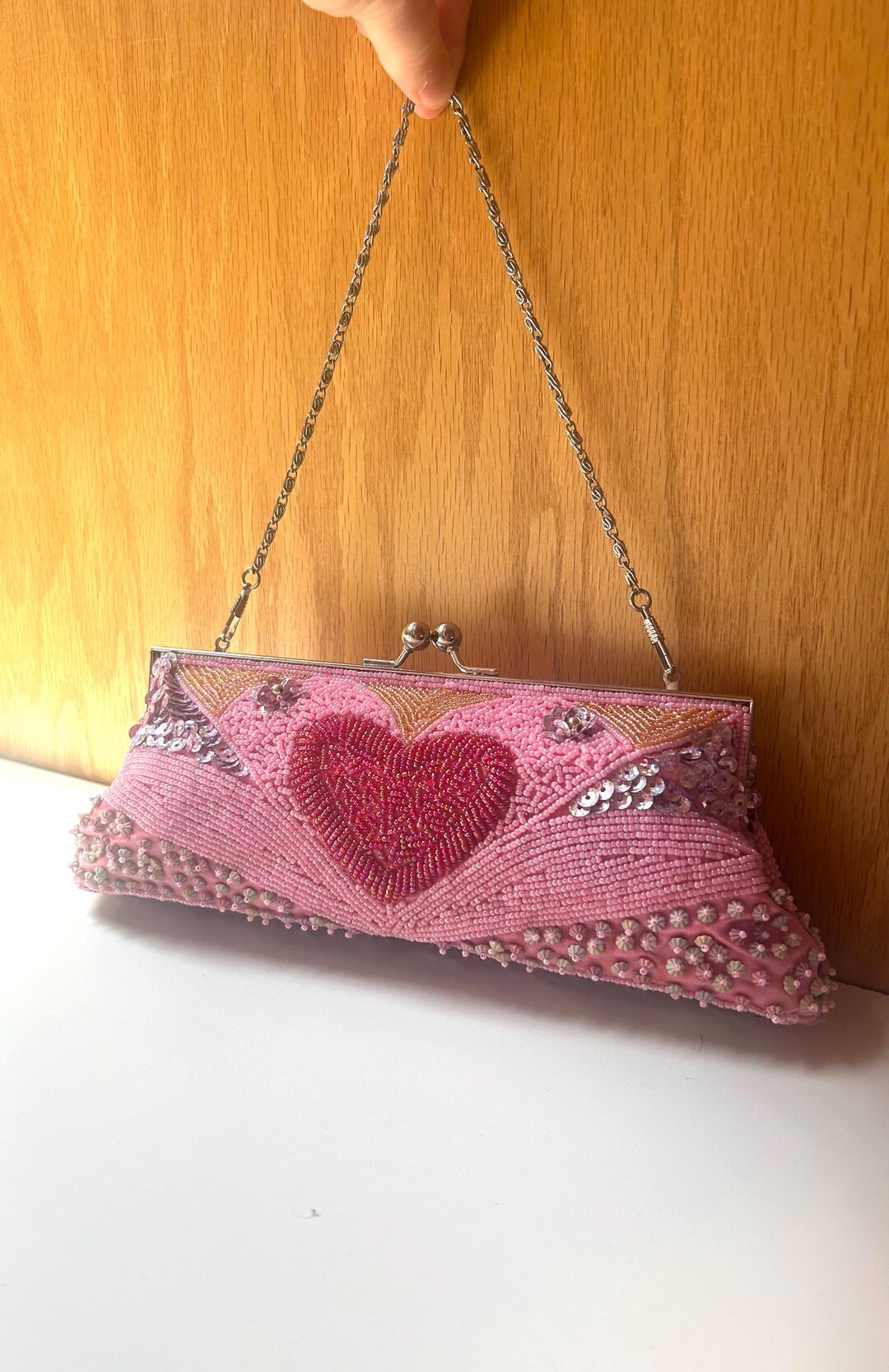 Pretty Beaded Pink and Red Heart Purse, Beads, Sequin, Clutch - Etsy