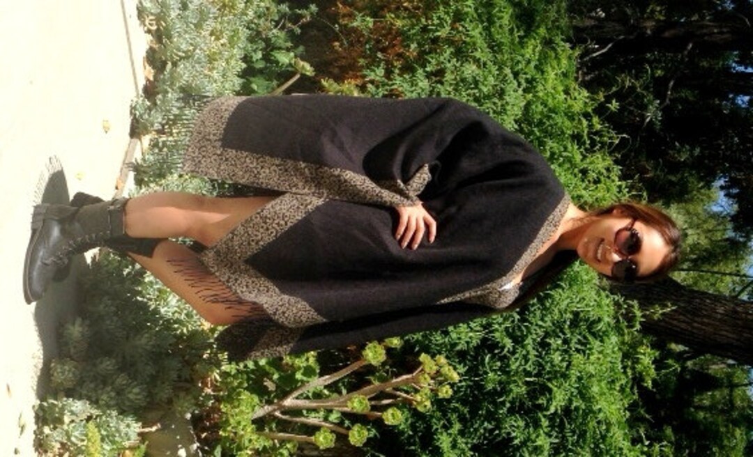 Knit Shawl, Black,knit Wrap,leopard Print Trim, Fringed Wrap - Etsy