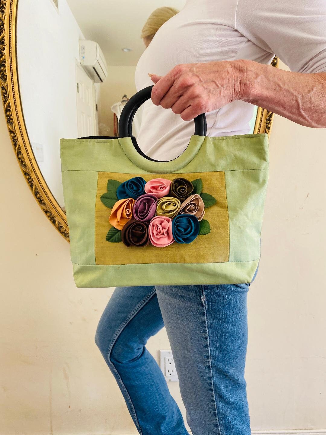 Pretty Small Satin Tote, Purse, Rose, Rosettes, Green, Pink, Blue, Top ...
