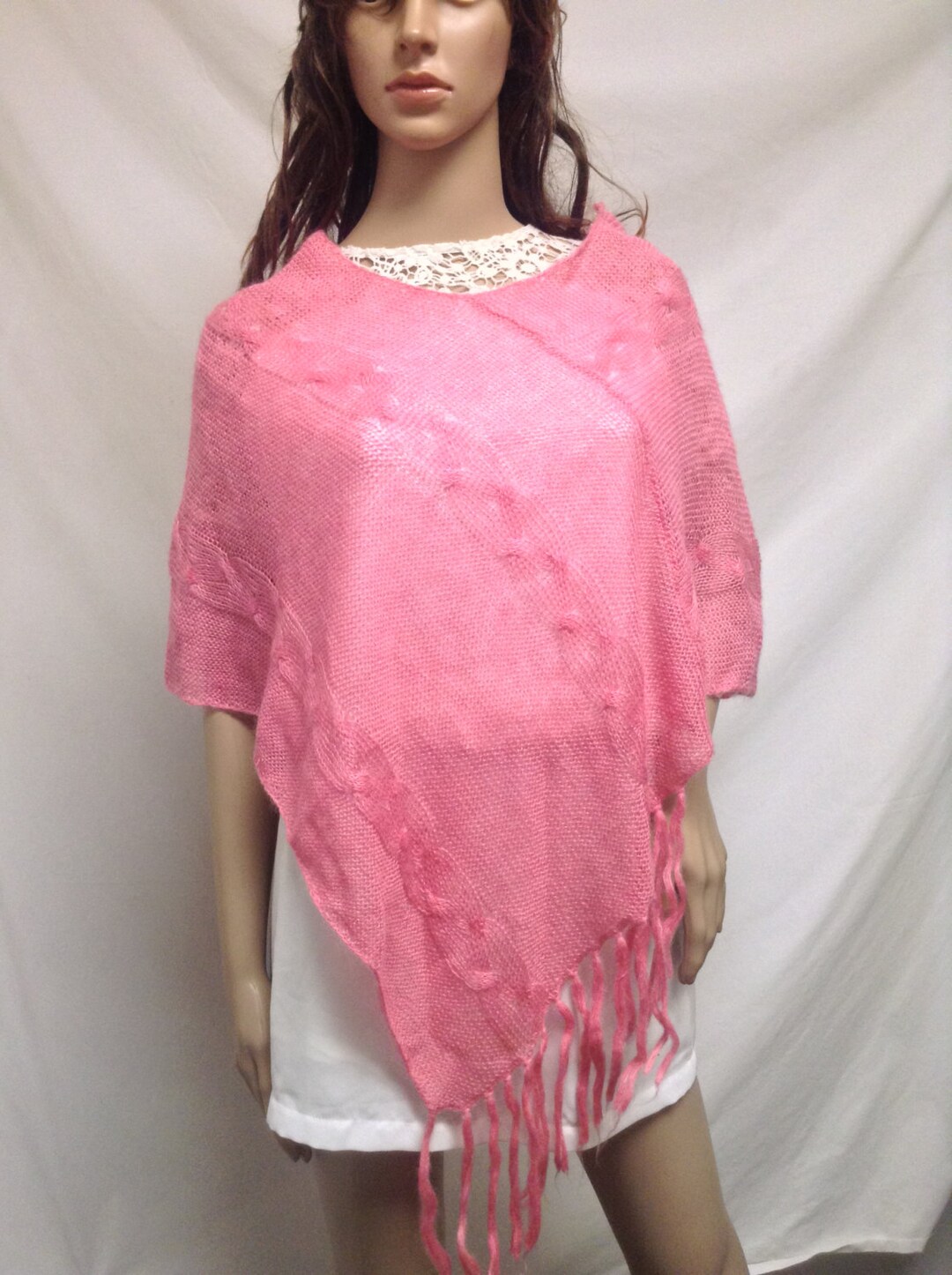 Poncho Top,pink Knit Poncho ,small ,fringed ,cable Knit - Etsy