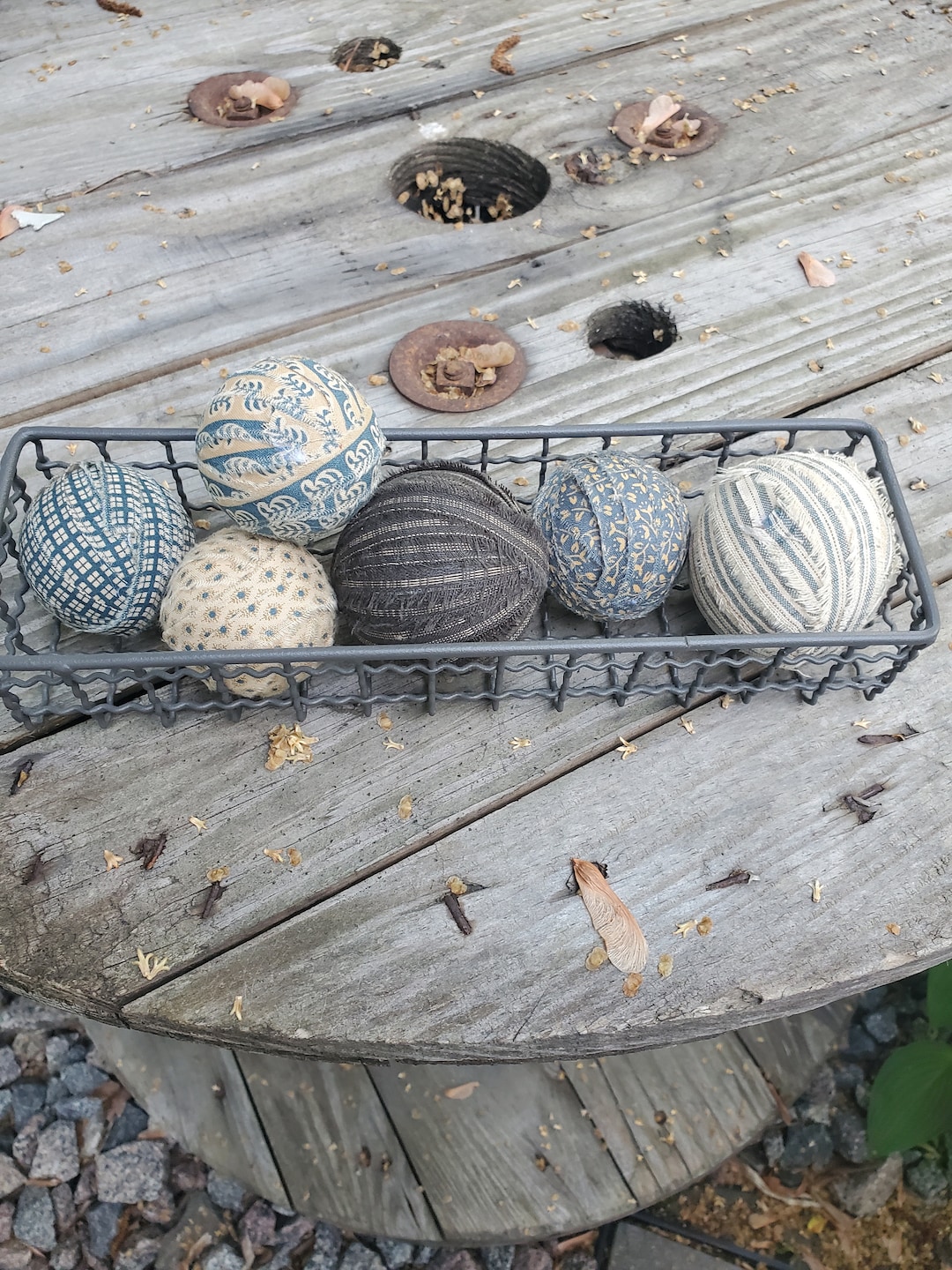 Tiered Tray Rag Balls, Farm House Rag Balls, Blue and Wheat Rag Balls ...