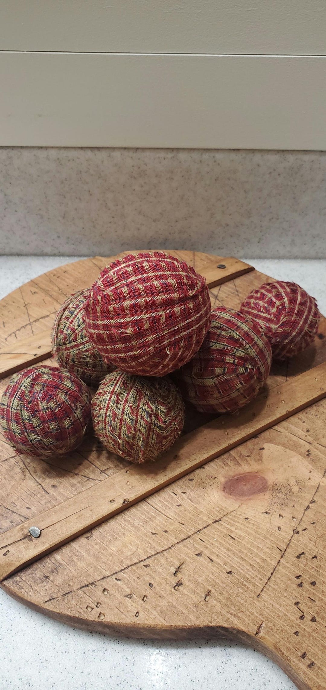 Red and Khaki Homespun Rag Balls: Primitive Country Dough Bowl Filler ...