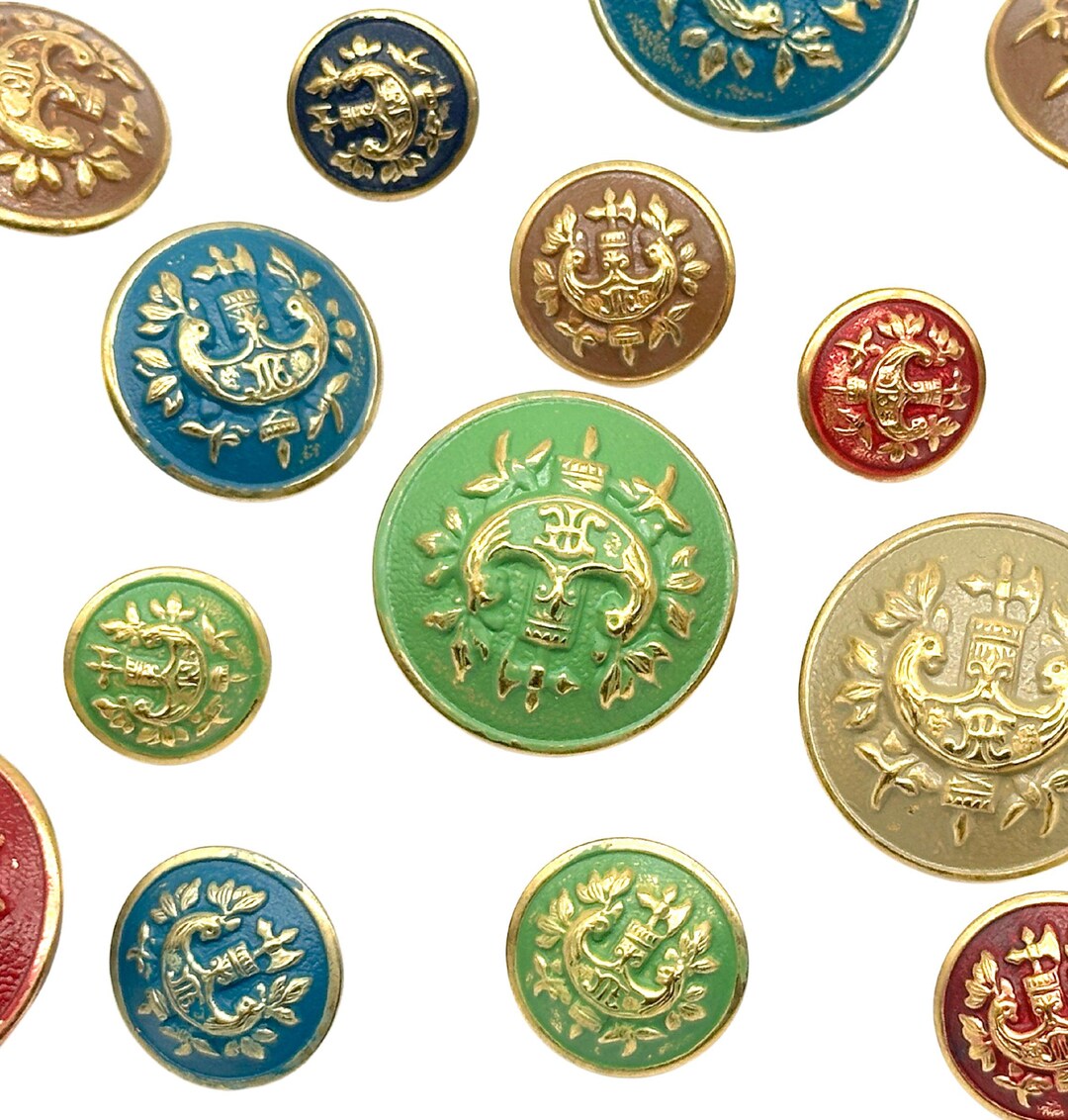 6 Pcs Vintage Coat of Arms Metal Shank Buttons Gold Base in Various ...