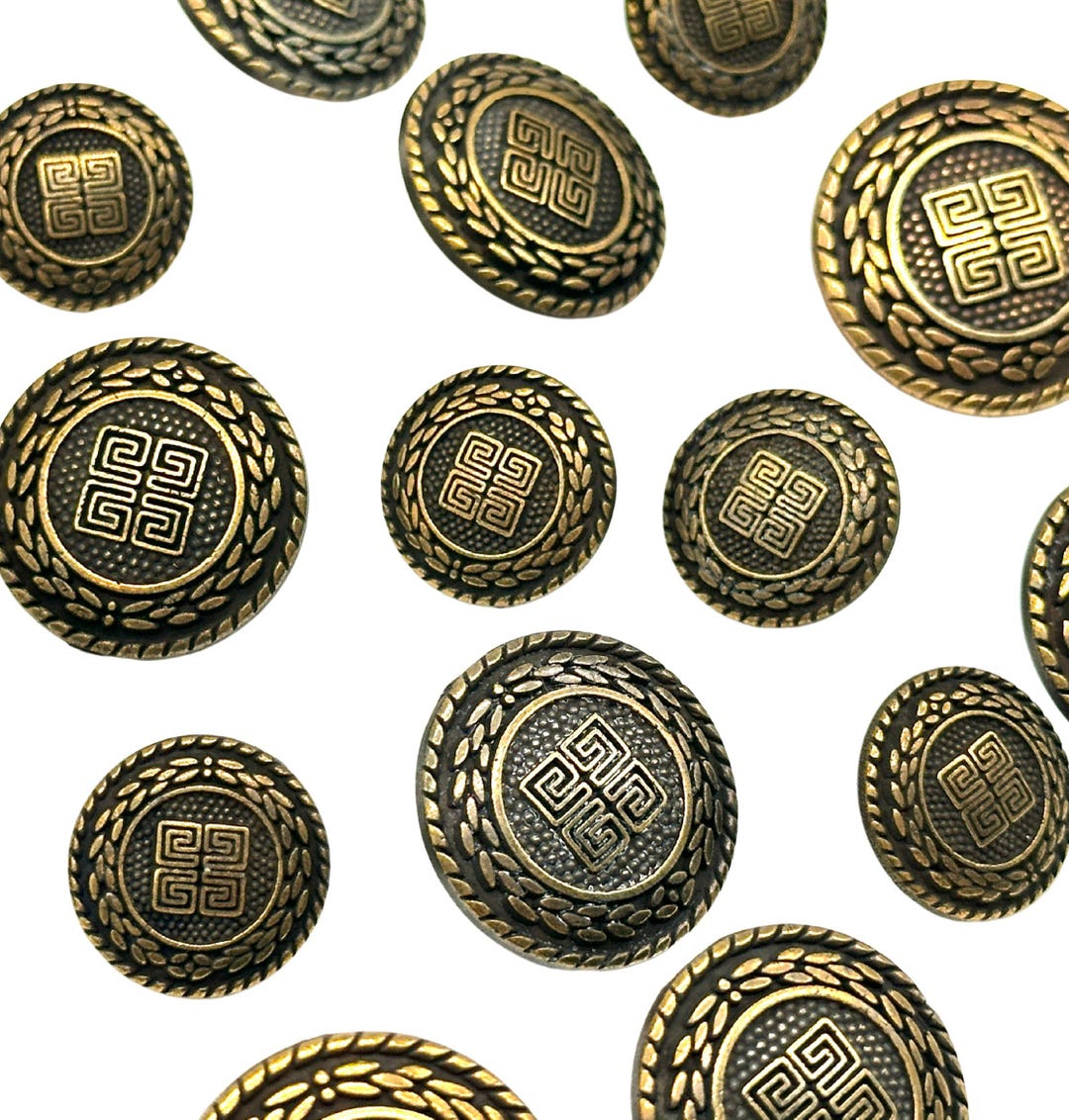 12 Vintage Antique Brass Metal Buttons: Greek Key Wreath Shank Buttons ...