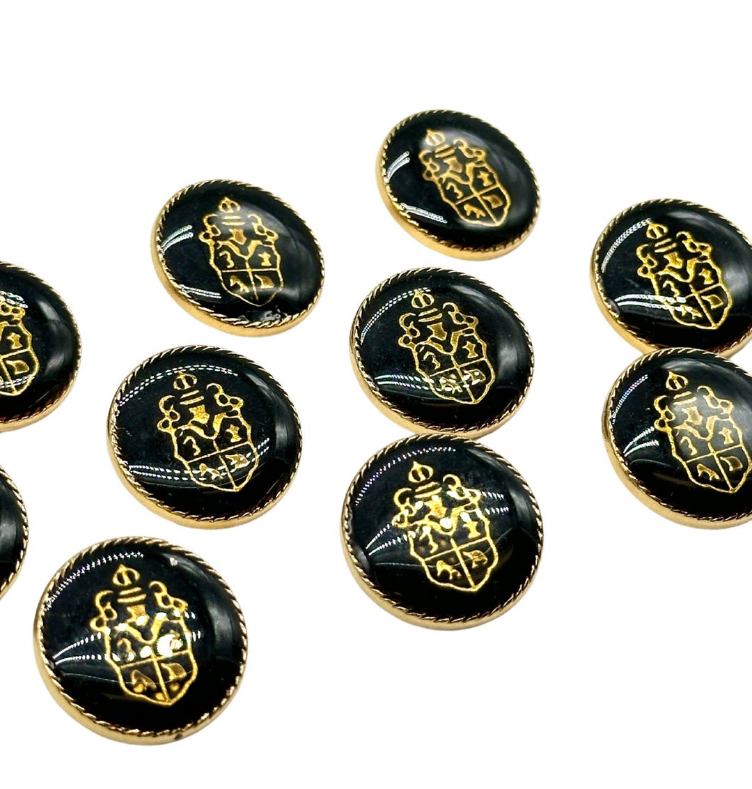12 Pcs Vintage Gold Shank Buttons With Black Crest & Clear Epoxy ...