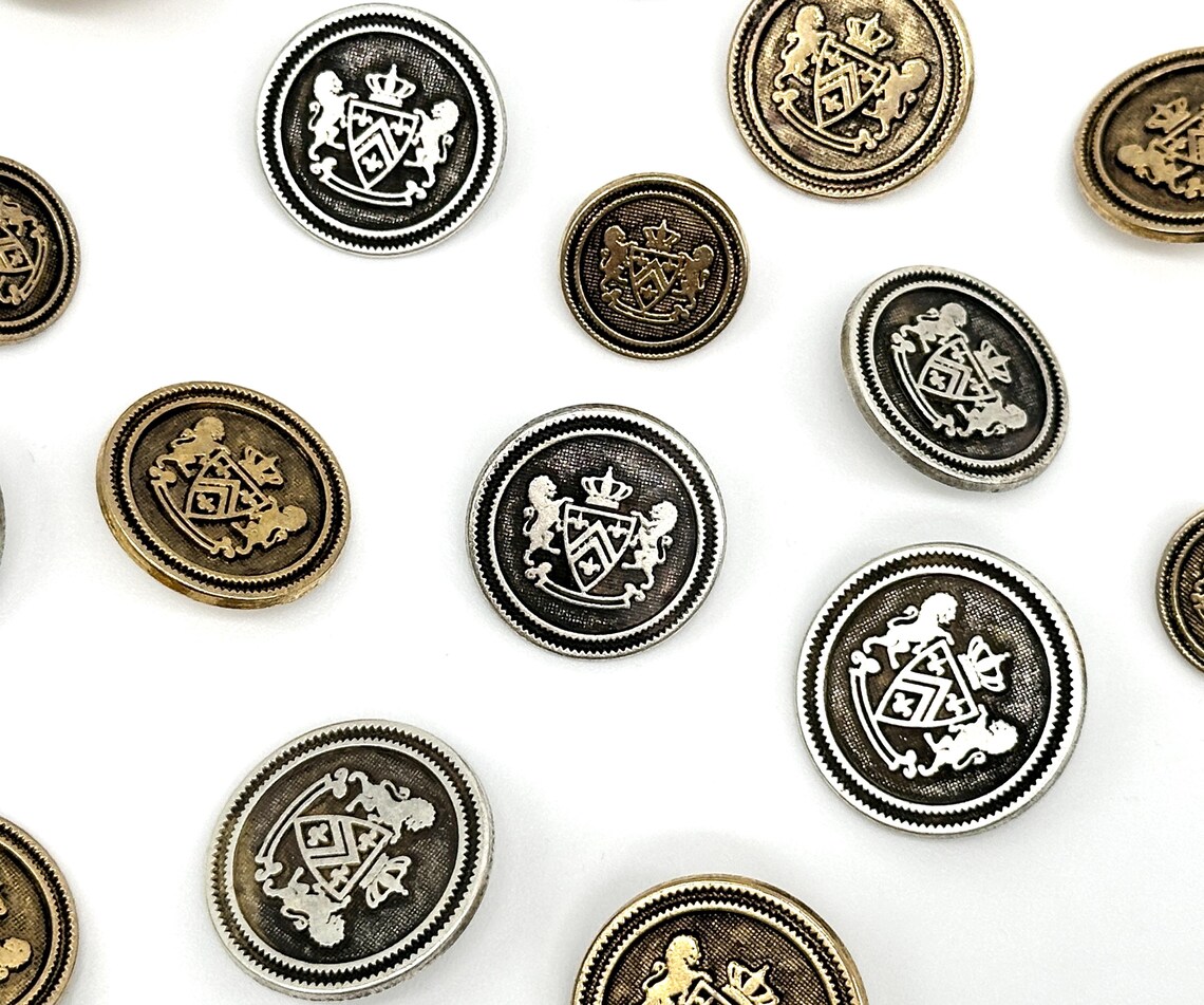 12 Vintage Military Coat of Arms Buttons: Antique Gold & Silver Crest ...