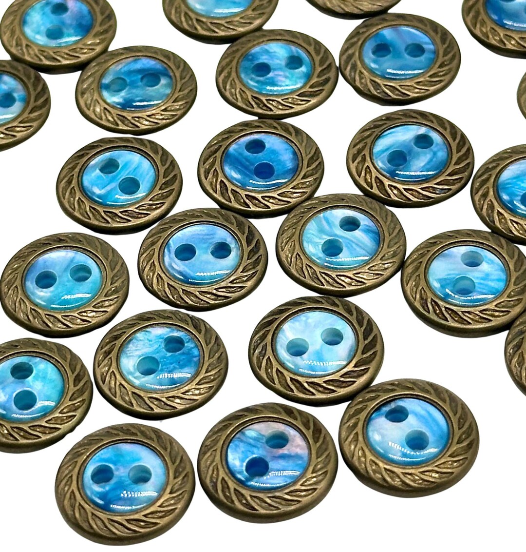 12 Pcs Vintage Blue Pearl Button With Antique Brass or Silver Metal Rim ...