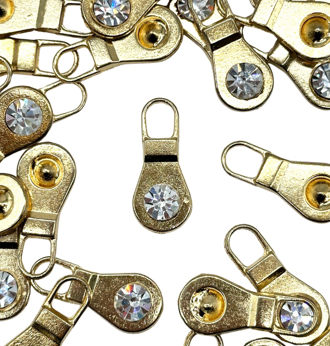 Vintage Gold Rhinestone Zipper Pull Pendant: Italian Metal Shank Button ...