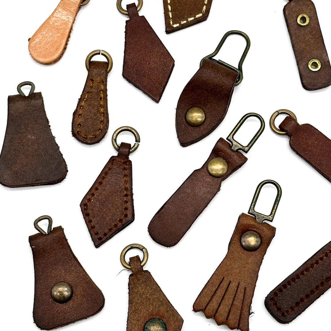 2 Pcs Vintage Leather Zipper Pulls With Rivets, Stitching, or Plain ...