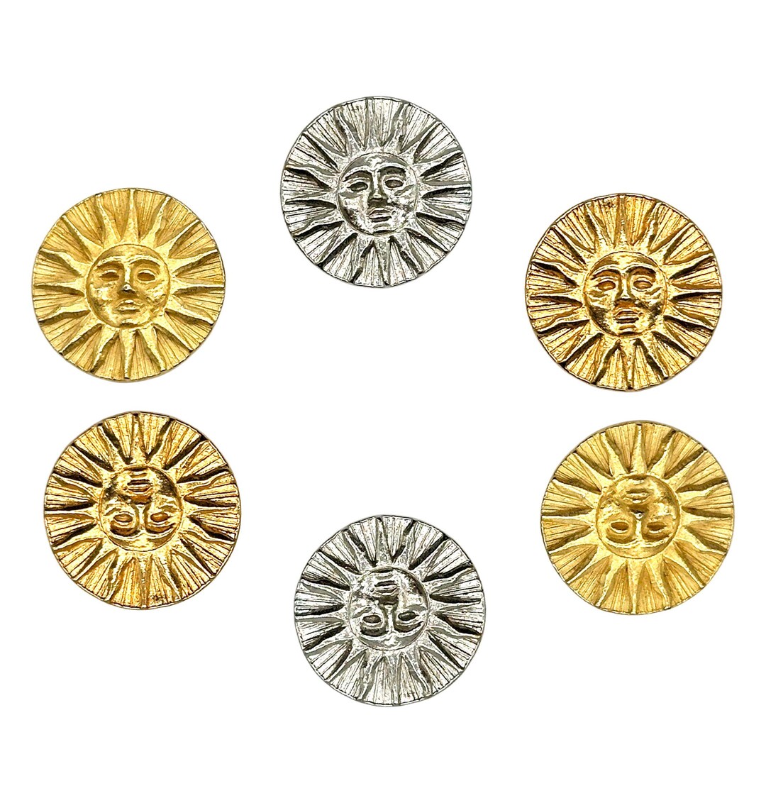 3 Pcs Vintage Sun Face Shank Buttons - Shiny Silver, Gold, Matt Gold ...
