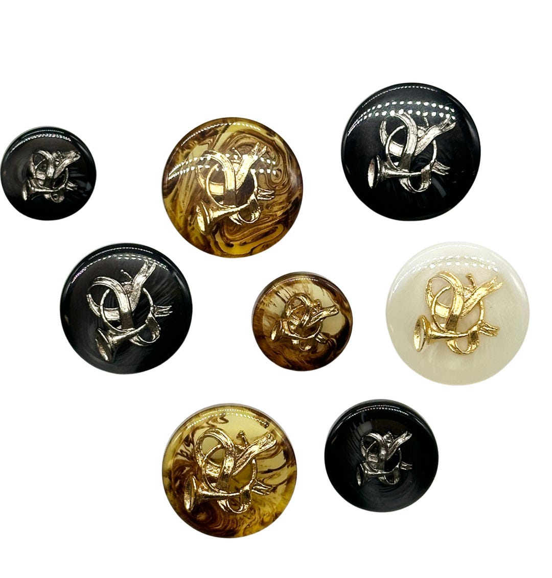 6 Pcs Vintage Bugle Horn Epoxy Shank Buttons - Gold & Silver, 3 Sizes ...