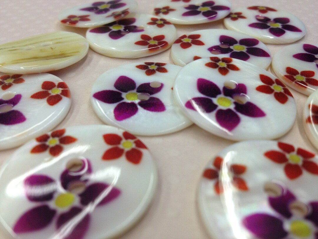 1 Dozen1 Package Vintage White With Multi Colored Floral Pattern 2-hole ...