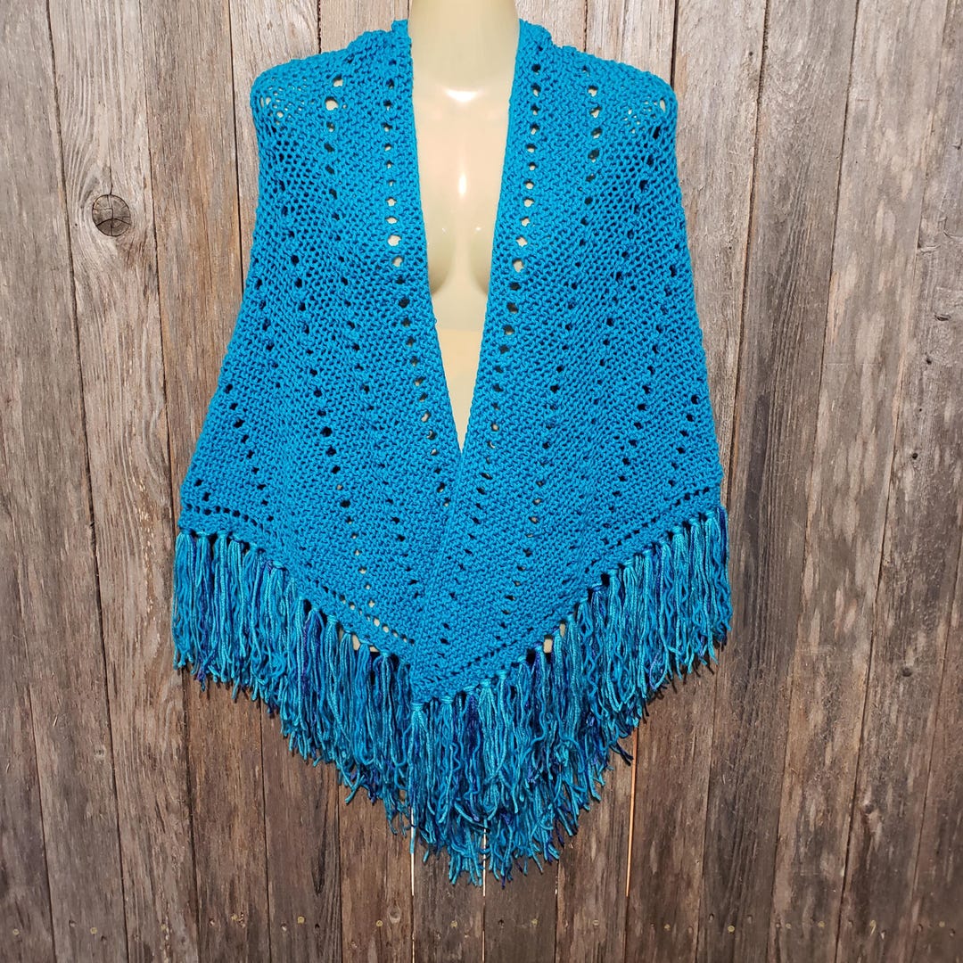 NEW Turquoise Blue Hand Knitted Knit Long Shawl Scarf Wrap Boho Hippie ...