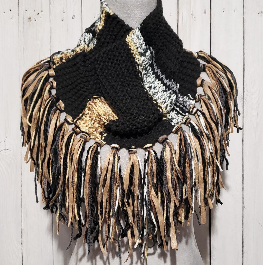 NEW Hand Knitted Cowl Scarf Boho Fringe Tan Black Multi Ombre Gift ...