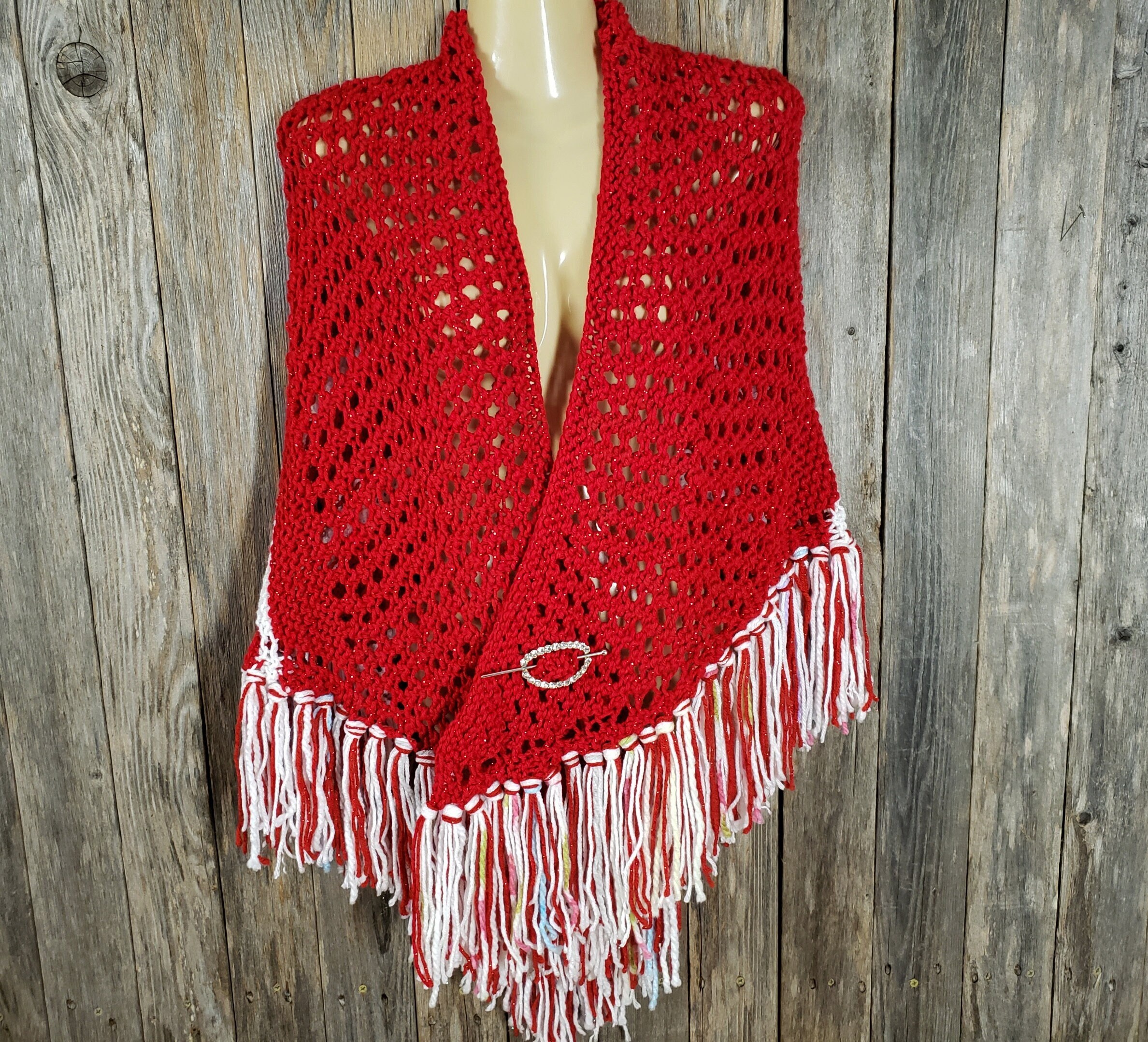 NEW Red Metallic Hand Knitted Knit Eyelet Triangle Shawl Scarf Wrap ...