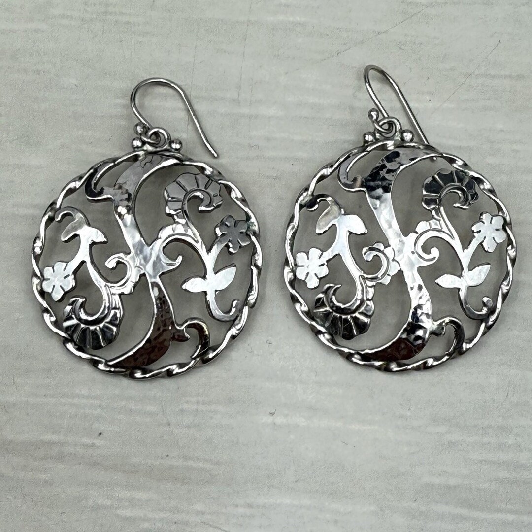 ATI Mexico Sterling Silver 925 Hammered Floral Cut Out Round Earrings ...