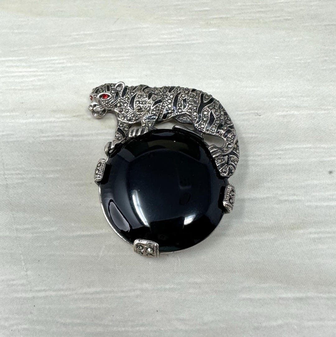 Vintage Panther Tiger Jaquar Art Deco Onyx Marcasite Red Ruby Eyes ...