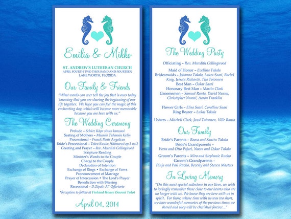 Items similar to Beach Wedding Program Template Download | "Seahorse ...