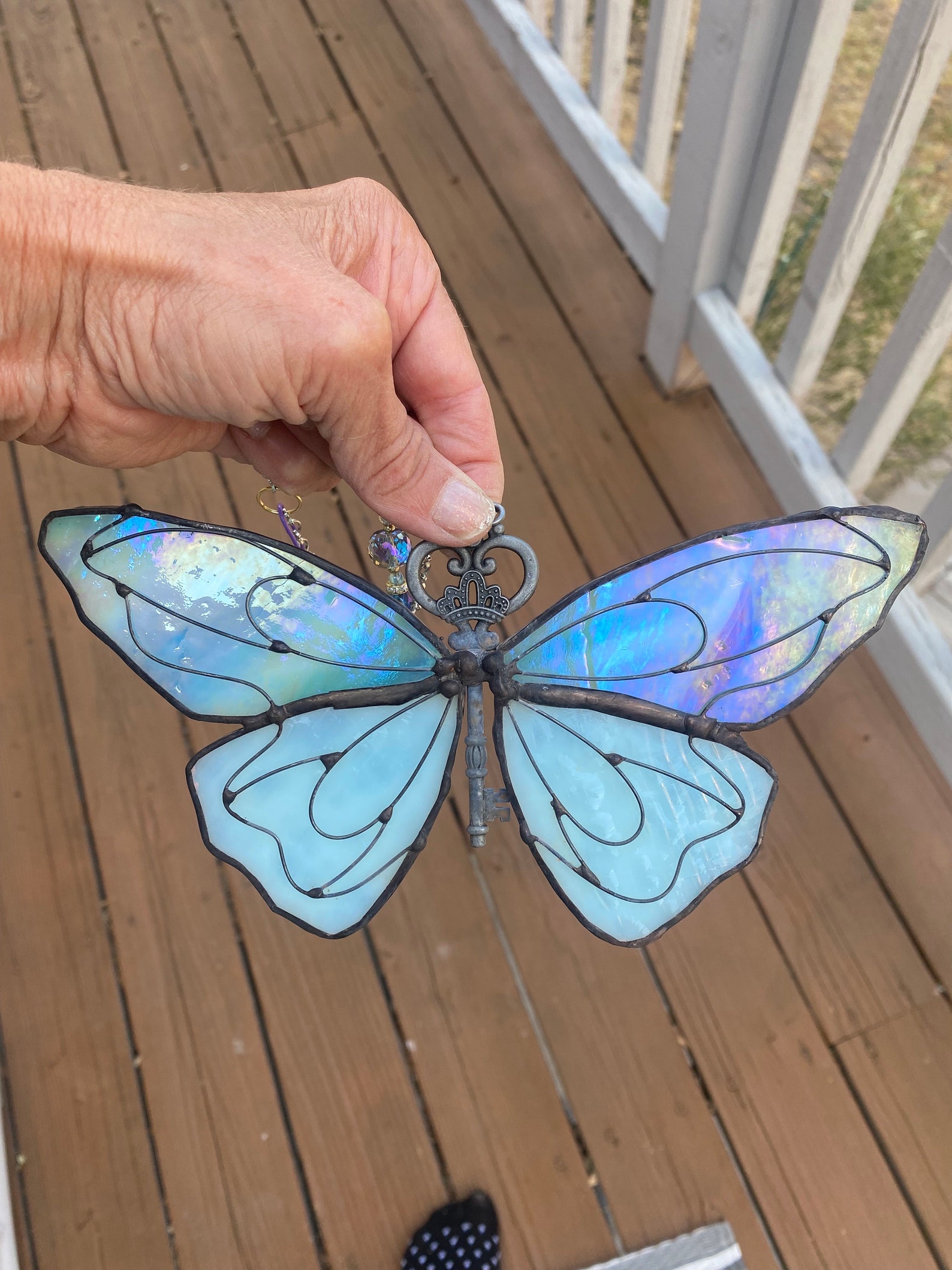 Stained Glass Butterfly Suncatcher, Skeleton Key Accent, Window Hanging ...