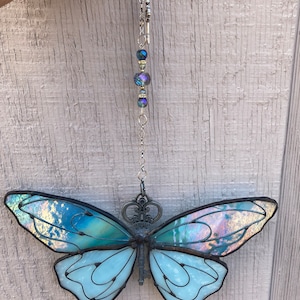 Stained Glass Butterfly Suncatcher, Skeleton Key Accent, Window Hanging ...
