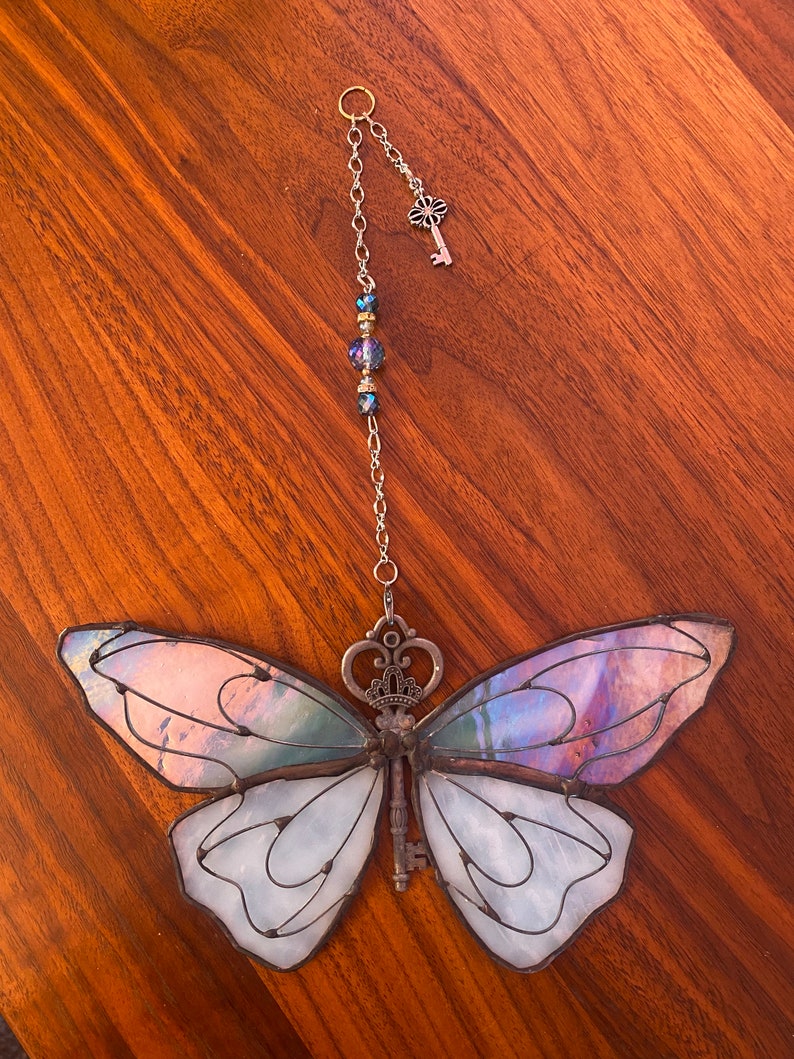 Stained Glass Butterfly Suncatcher, Skeleton Key Accent, Window Hanging ...