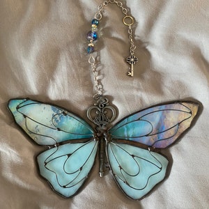 Stained Glass Butterfly Suncatcher, Skeleton Key Accent, Window Hanging ...