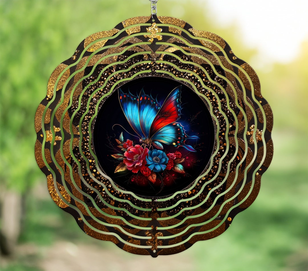 Butterfly and Blooms Golden Glitter Spinner Sublimation Design Template ...