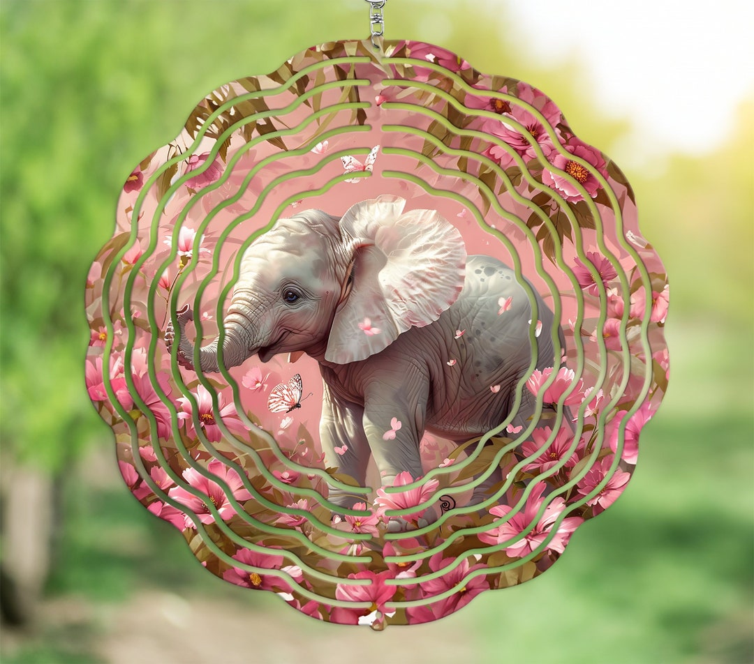Pink Elephant in Flowers Spinner Sublimation Design Template, Wind ...