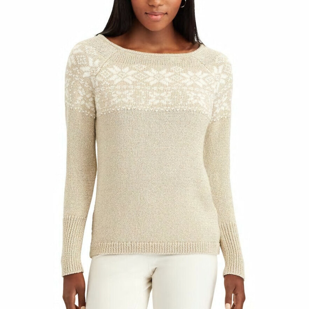 Chaps Elegant Knit Sweater Gold Metallic Fairisle Snowflake Pattern Xl ...
