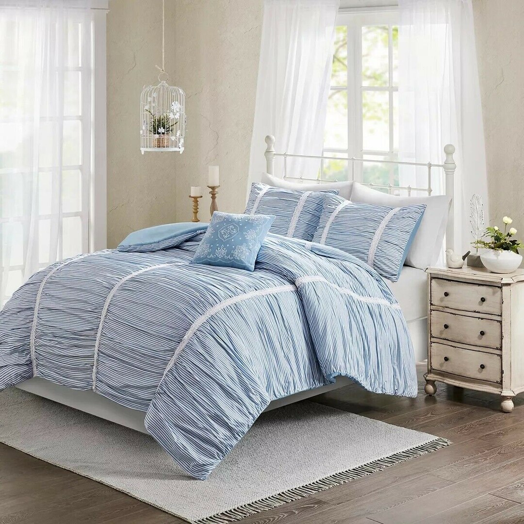 King/ck Madison Park Blue Lacy 4-piece Ruched Cotton Duvet Cover Set - Etsy