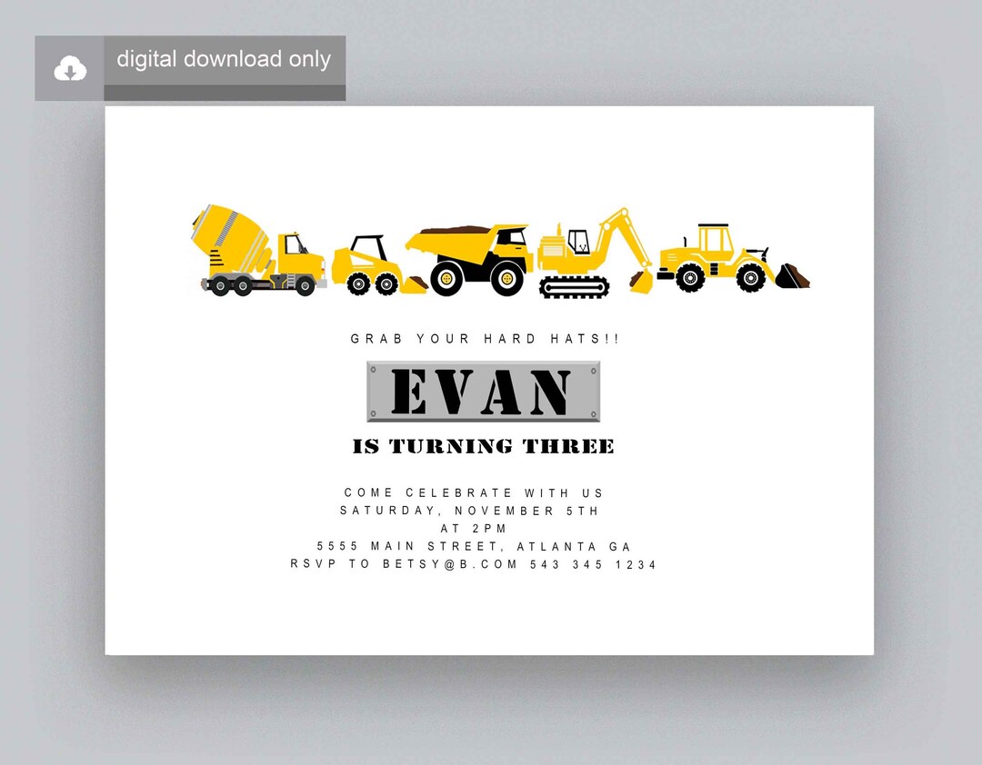 Trucks Invitation Digital File , Construction Birthday Party Invitation ...