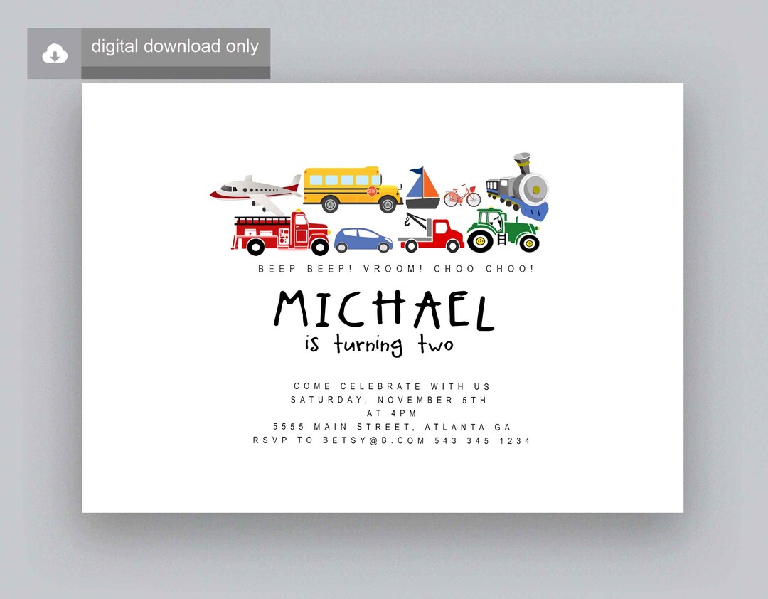 Transportation Party Invite Digital File ,things That Go Birthday Party ...