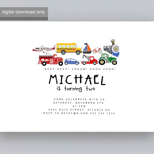 Transportation Party Invite Digital File things That Go - Etsy