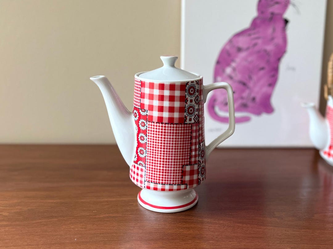 Vintage Red Gingham Check and Flower Pattern Coffee Pot Made in Japan ...