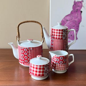 Vintage Red Gingham Check and Flower Pattern Coffee Pot Made in Japan ...