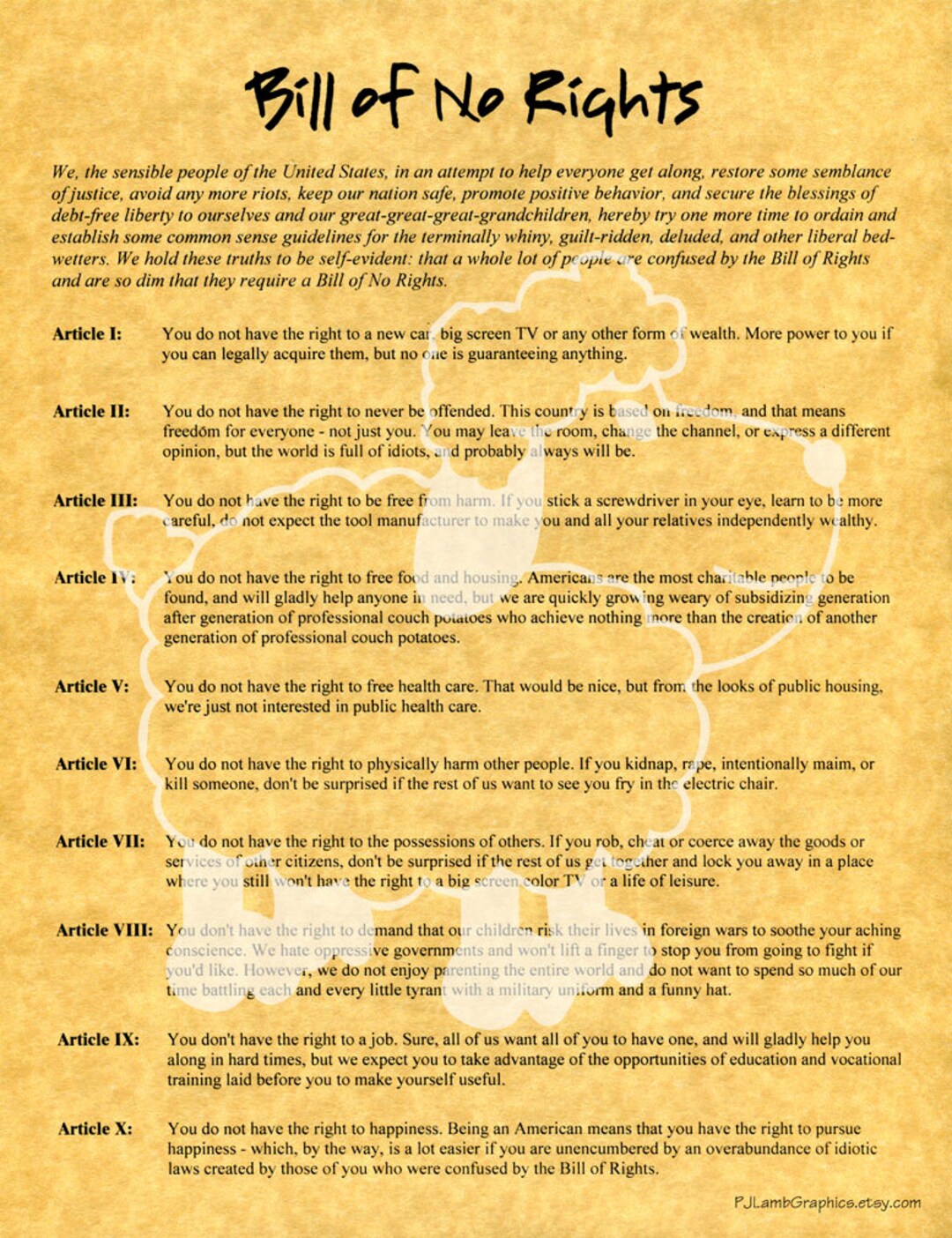 Bill of No Rights, Laminated, Letter Size, Laser Print on Gold ...