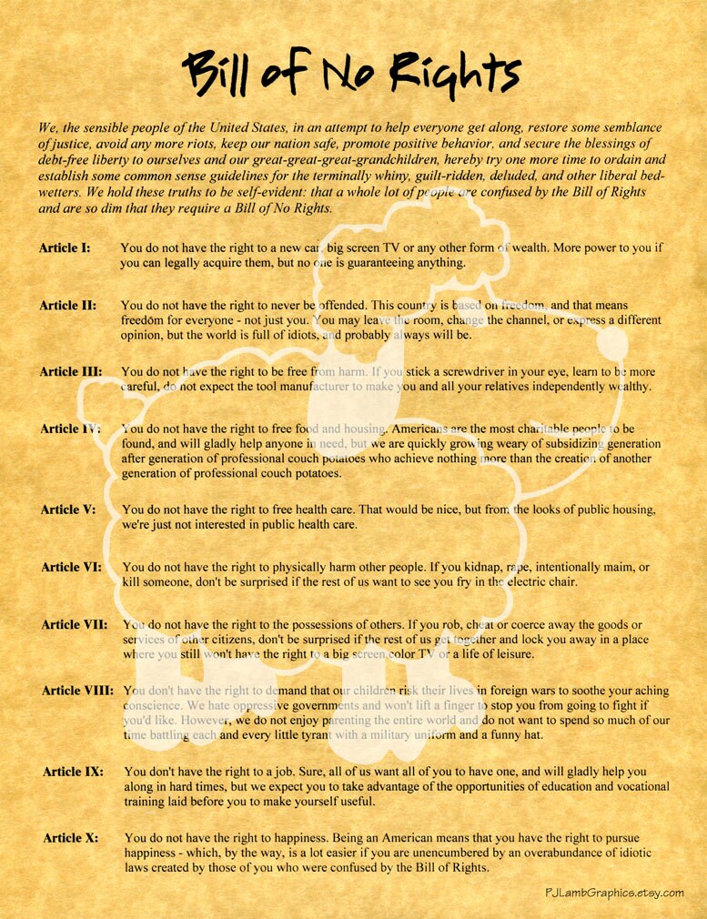 Bill of No Rights, Laminated, Letter Size, Laser Print on Gold ...