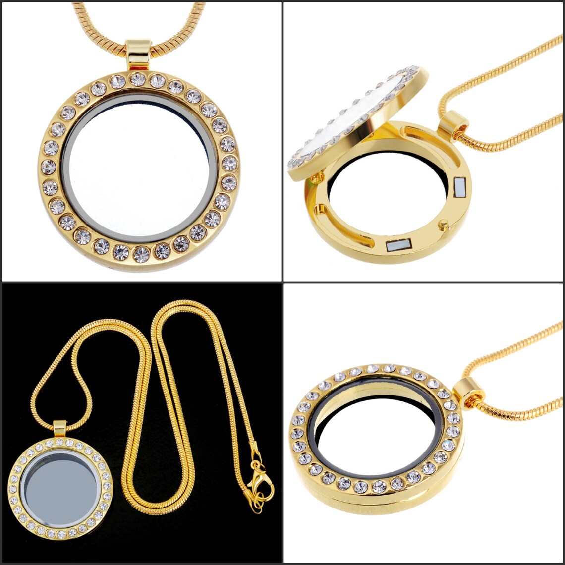 Crystal Pave Round Glass Locket Necklace 20" 50cm for Living Memory ...