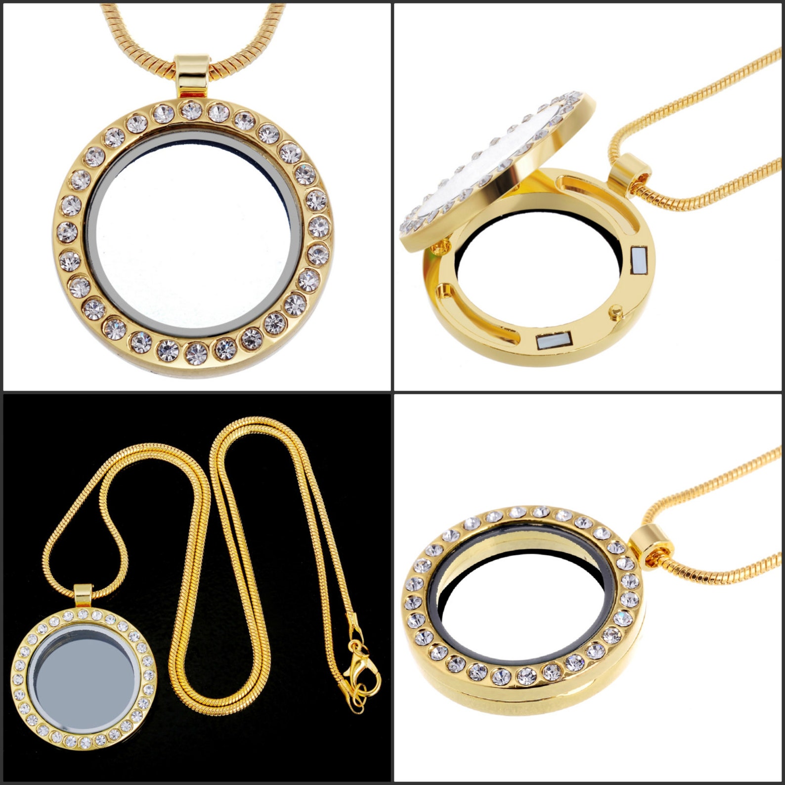 Crystal Pave Round Glass Locket Necklace 20" 50cm for Living Memory ...