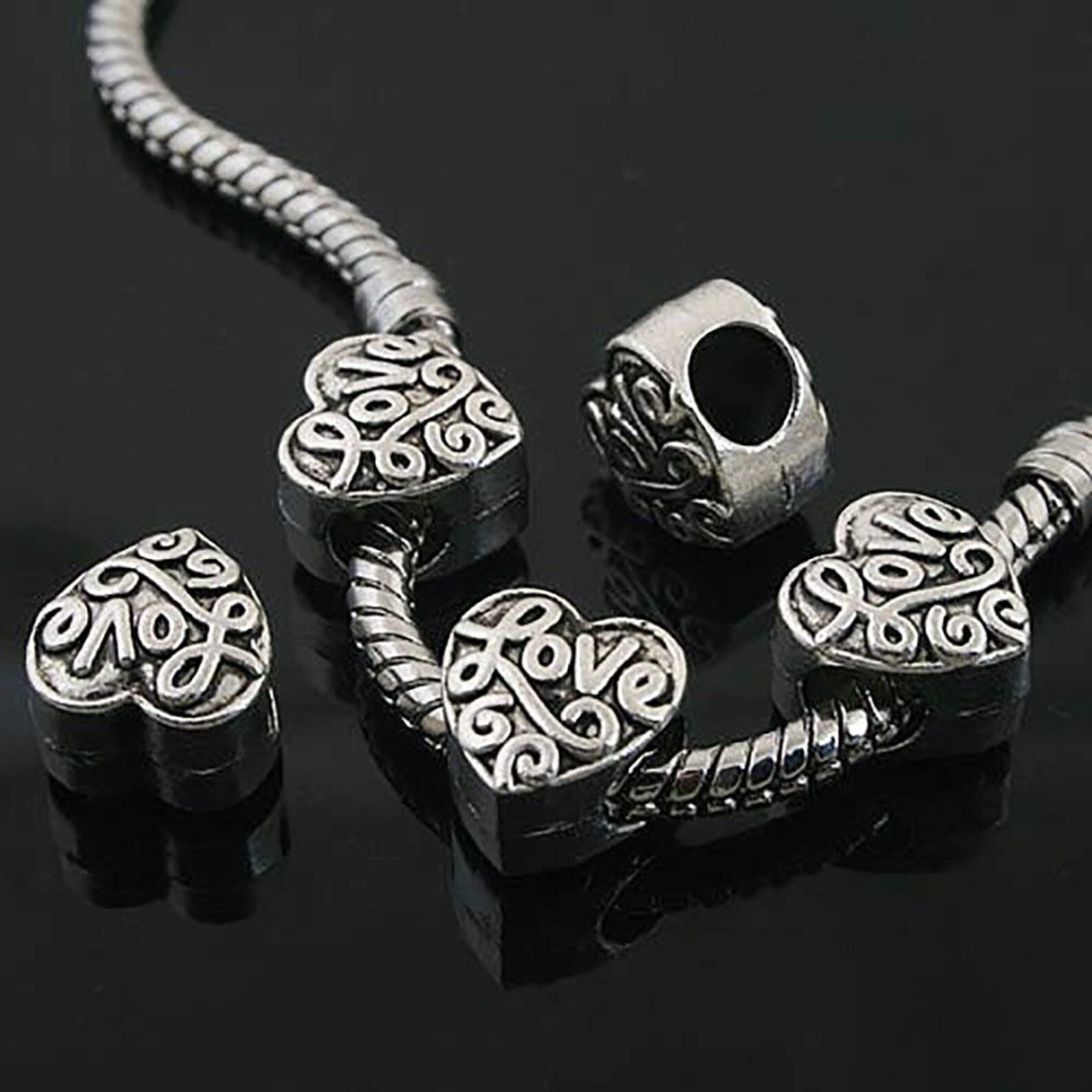 Silver Love Charm Beads for Bracelets, Tube Spacer Beads for Charm ...