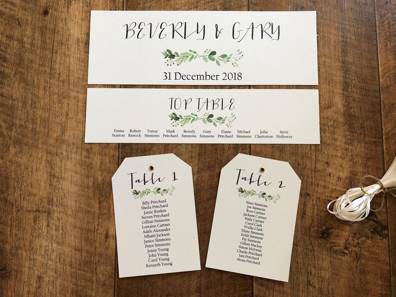 DIY Wedding Table Seating Plan Tags and Headers - Botanical Green ...