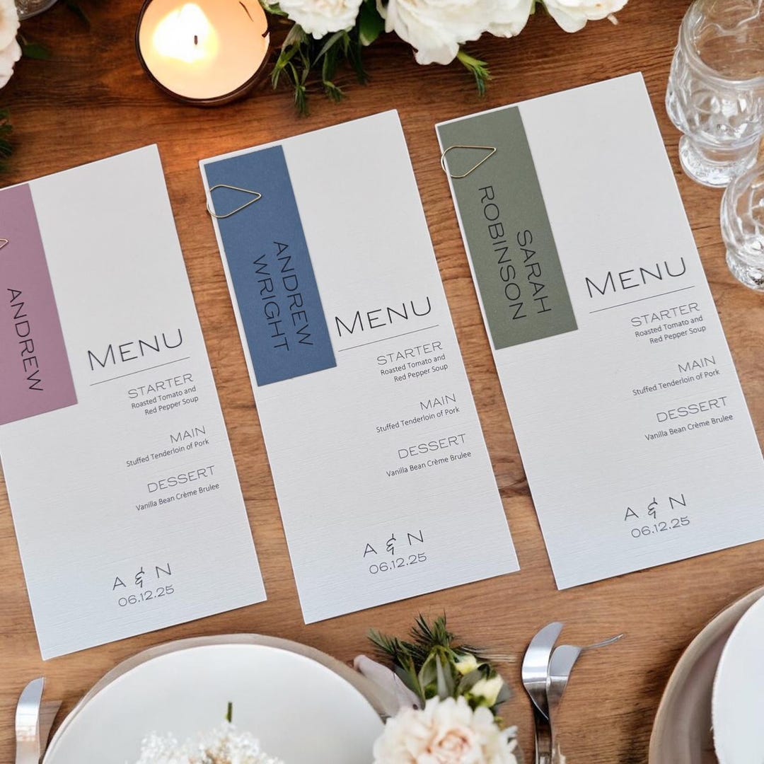 Printed Menu / Name Cards Personalised Minimalist, Simple, Coloured ...