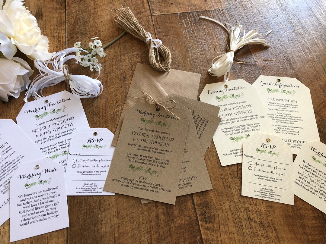 Pack of 10 Printed Wedding Invitation Tags RSVP Info Poem Set Botanical ...