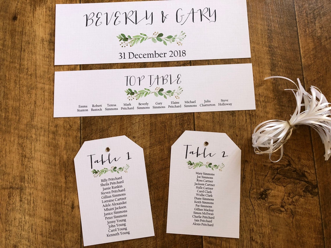 DIY Wedding Table Seating Plan Tags and Headers - Botanical Green ...