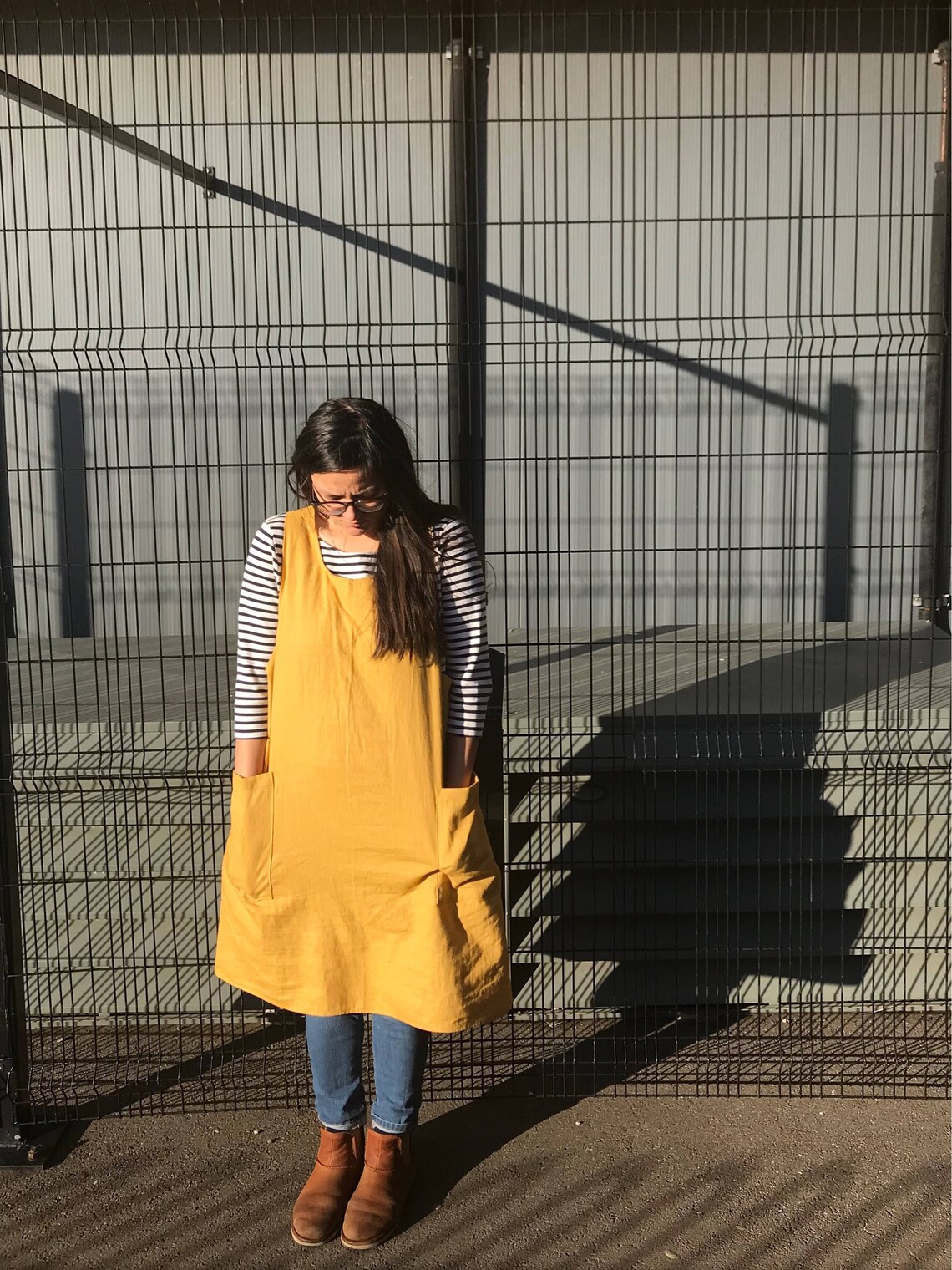 Mustard Yellow Ramie Linen Japanese Apron: Crossover Back, Big Pockets ...