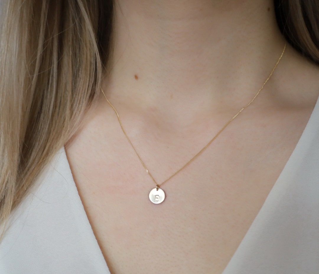 14K Solid Gold Initial Necklace Solid Gold Dainty Initial - Etsy