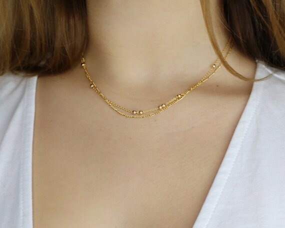 Double Chain Dainty Necklace 14K Gold Filled Figaro Chain 14K Gold Filled 3mm Bead Chain Double Chain Necklace Gift for Her B301 Etsy