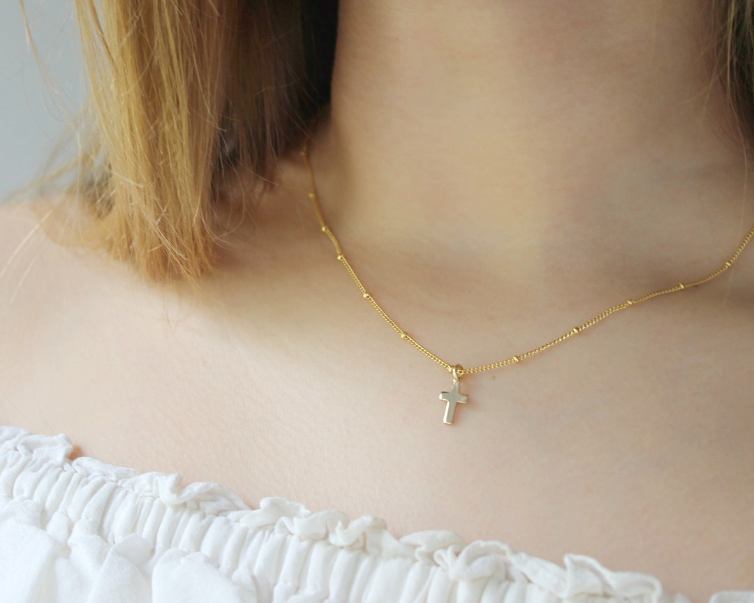 Gold Cross Necklace: Dainty Satellite Chain, Religious Gift • B293 - Etsy