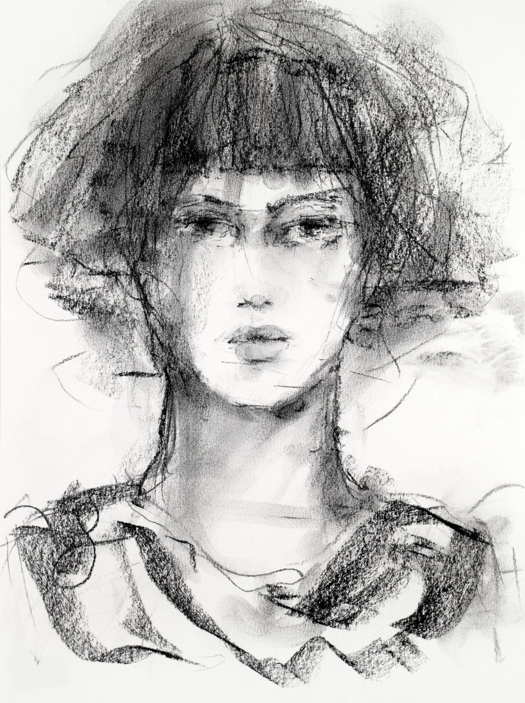 Expressive Female Portrait Drawing Loose Style Charcoal - Etsy